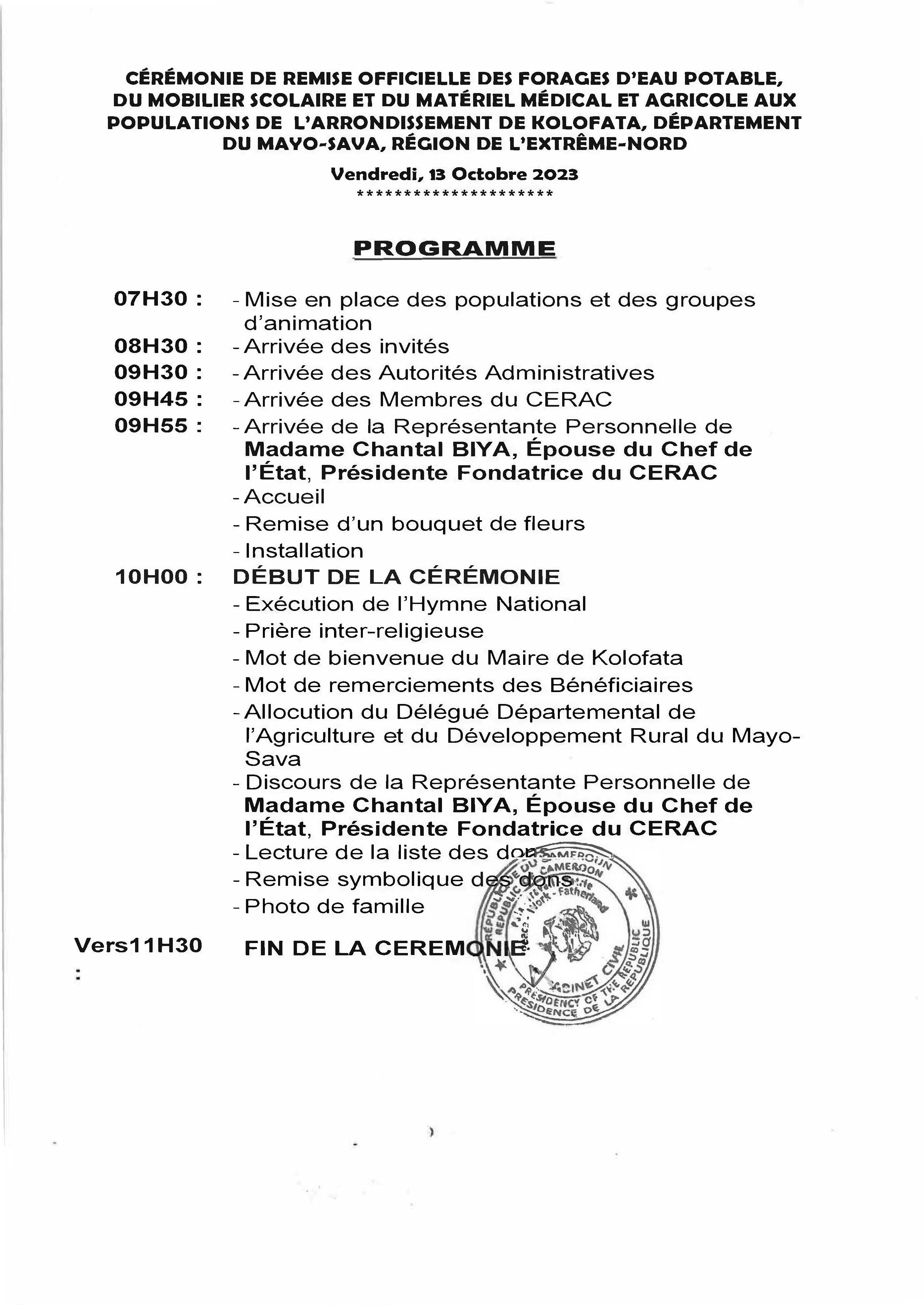 Cérémonie de remise officielle des forages d’eau potable, du mobilier scolaire et du matériel ...